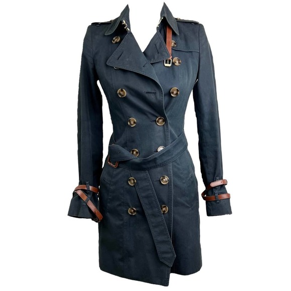 Burberry | Jackets & Coats | Burberry Black Trench Coat With Leather Trim Size 2 | Poshmark